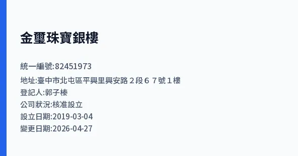金璽珠寶銀樓的照片-統編 82451973(臺中市) 公司登記資料與營業項目詳細圖表