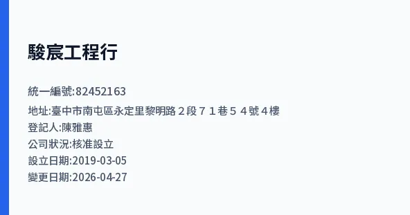 駿宸工程行的照片-統編 82452163(臺中市) 公司登記資料與營業項目詳細圖表