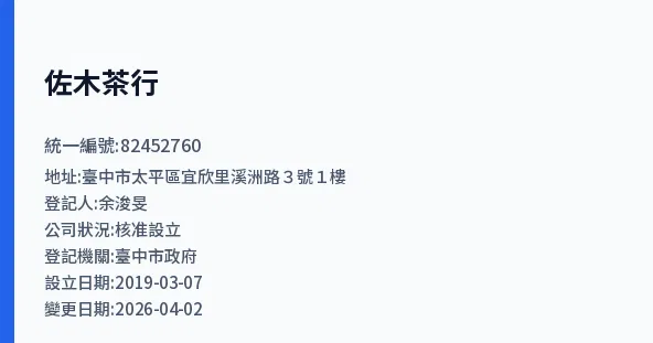 佐木茶行的照片-統編 82452760(臺中市) 公司登記資料與營業項目詳細圖表