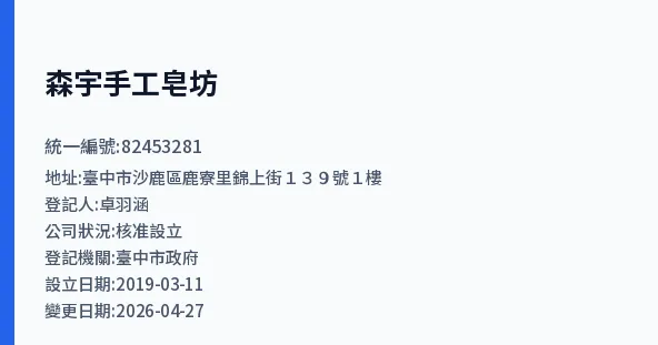 森宇手工皂坊的照片-統編 82453281(臺中市) 公司登記資料與營業項目詳細圖表