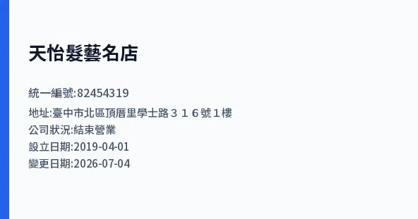 天怡髮藝名店的照片-統編 82454319(臺中市) 公司登記資料與營業項目詳細圖表