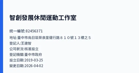 智創發展休閒運動工作室的照片-統編 82456371(臺中市) 公司登記資料與營業項目詳細圖表