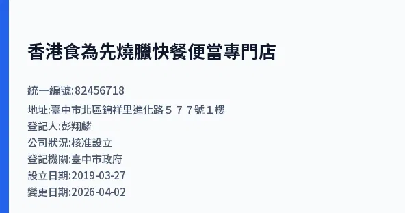 香港食為先燒臘快餐便當專門店的照片-統編 82456718(臺中市) 公司登記資料與營業項目詳細圖表