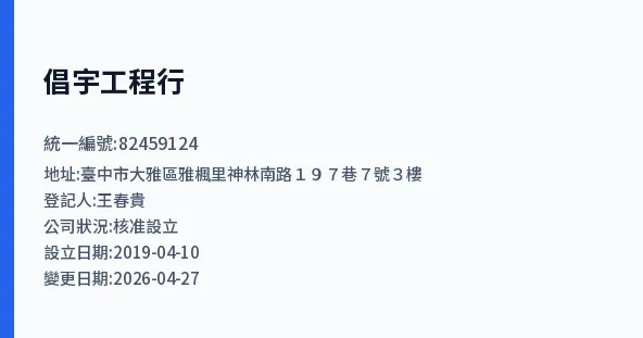 倡宇工程行的照片-統編 82459124(臺中市) 公司登記資料與營業項目詳細圖表