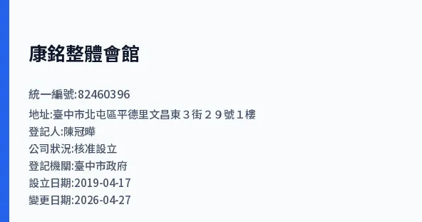 康銘整體會館的照片-統編 82460396(臺中市) 公司登記資料與營業項目詳細圖表