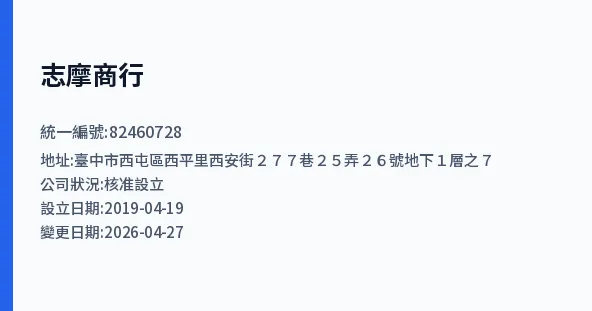 志摩商行的照片-統編 82460728(臺中市) 公司登記資料與營業項目詳細圖表