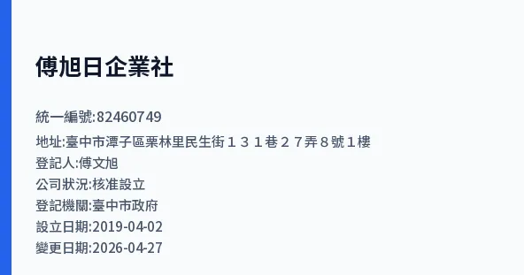 傅旭日企業社的照片-統編 82460749(臺中市) 公司登記資料與營業項目詳細圖表