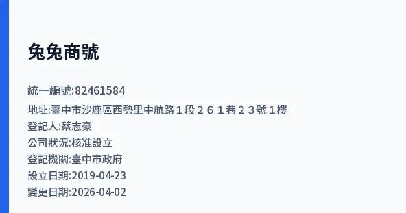 兔兔商號的照片-統編 82461584(臺中市) 公司登記資料與營業項目詳細圖表