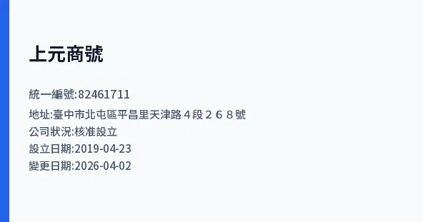 上元商號的照片-統編 82461711(臺中市) 公司登記資料與營業項目詳細圖表