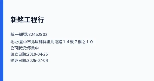 新銘工程行的照片-統編 82462802(臺中市) 公司登記資料與營業項目詳細圖表