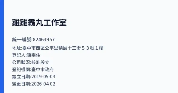雞雞霸丸工作室的照片-統編 82463957(臺中市) 公司登記資料與營業項目詳細圖表