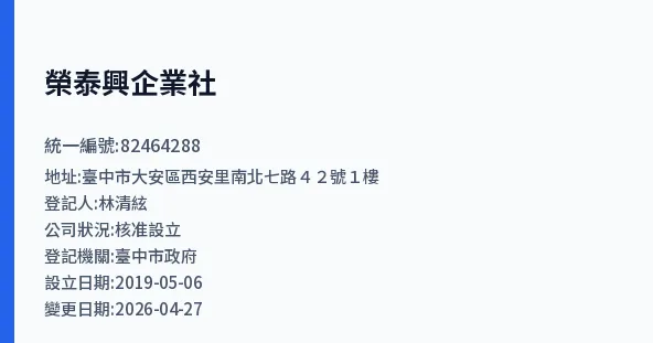 榮泰興企業社的照片-統編 82464288(臺中市) 公司登記資料與營業項目詳細圖表