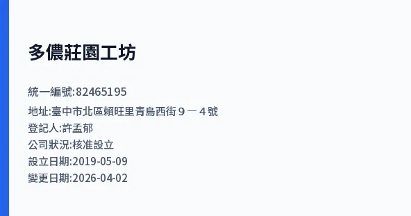 多儂莊園工坊的照片-統編 82465195(臺中市) 公司登記資料與營業項目詳細圖表