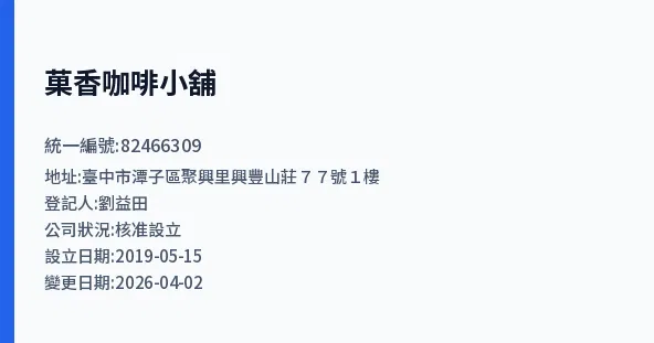 菓香咖啡小舖的照片-統編 82466309(臺中市) 公司登記資料與營業項目詳細圖表