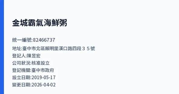 金城霸氣海鮮粥的照片-統編 82466737(臺中市) 公司登記資料與營業項目詳細圖表