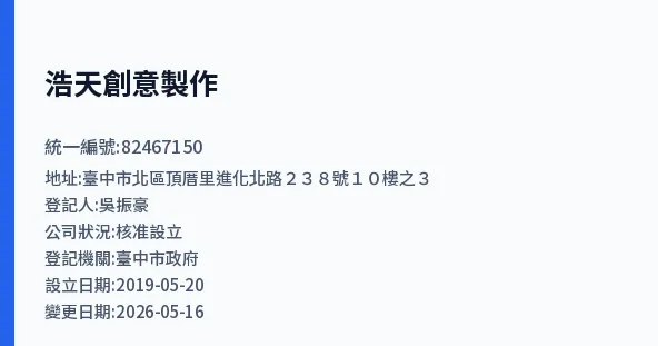 浩天創意製作的照片-統編 82467150(臺中市) 公司登記資料與營業項目詳細圖表