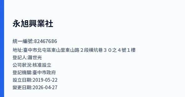 永旭興業社的照片-統編 82467686(臺中市) 公司登記資料與營業項目詳細圖表