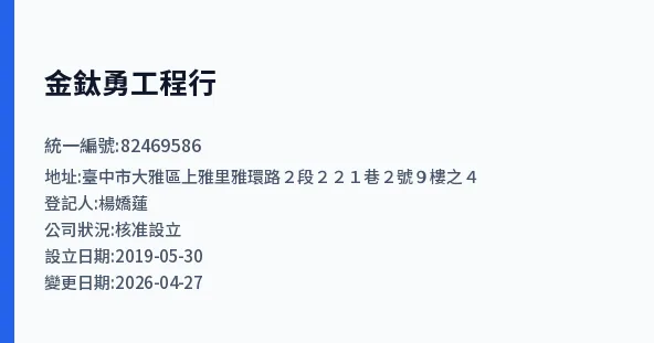 金鈦勇工程行的照片-統編 82469586(臺中市) 公司登記資料與營業項目詳細圖表