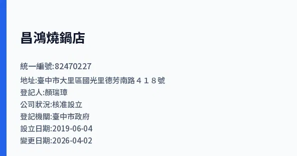昌鴻燒鍋店的照片-統編 82470227(臺中市) 公司登記資料與營業項目詳細圖表