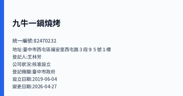 九牛一鍋燒烤的照片-統編 82470232(臺中市) 公司登記資料與營業項目詳細圖表