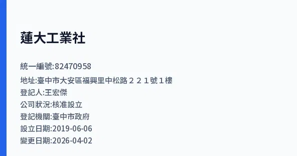 蓮大工業社的照片-統編 82470958(臺中市) 公司登記資料與營業項目詳細圖表