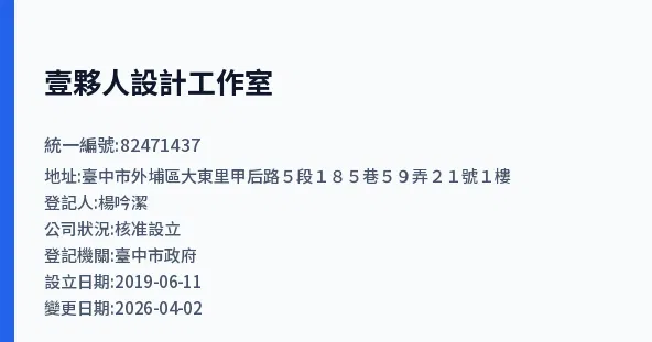壹夥人設計工作室的照片-統編 82471437(臺中市) 公司登記資料與營業項目詳細圖表