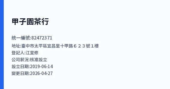 甲子園茶行的照片-統編 82472371(臺中市) 公司登記資料與營業項目詳細圖表