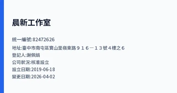 晨新工作室的照片-統編 82472626(臺中市) 公司登記資料與營業項目詳細圖表