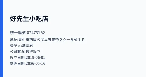 好先生小吃店的照片-統編 82473152(臺中市) 公司登記資料與營業項目詳細圖表