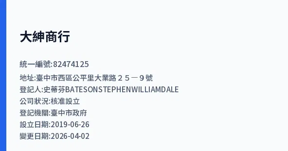 大紳商行的照片-統編 82474125(臺中市) 公司登記資料與營業項目詳細圖表
