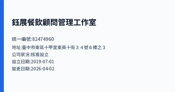 鈺展餐飲顧問管理工作室的照片-統編 82474960(臺中市) 公司登記資料與營業項目詳細圖表