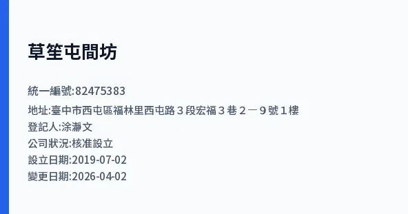 草笙屯間坊的照片-統編 82475383(臺中市) 公司登記資料與營業項目詳細圖表