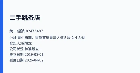 二手跳蚤店的照片-統編 82475497(臺中市) 公司登記資料與營業項目詳細圖表