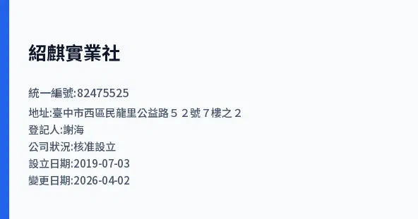 紹麒實業社的照片-統編 82475525(臺中市) 公司登記資料與營業項目詳細圖表