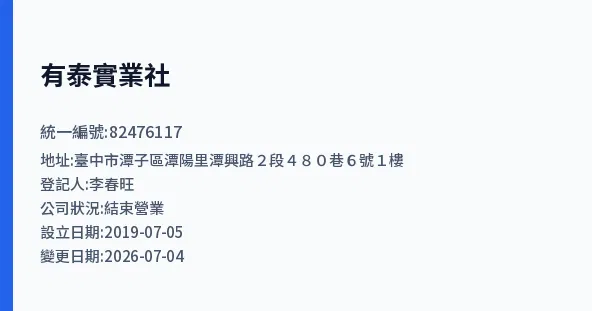 有泰實業社的照片-統編 82476117(臺中市) 公司登記資料與營業項目詳細圖表
