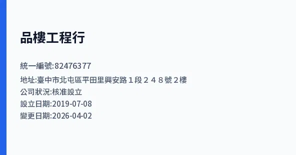 品樓工程行的照片-統編 82476377(臺中市) 公司登記資料與營業項目詳細圖表