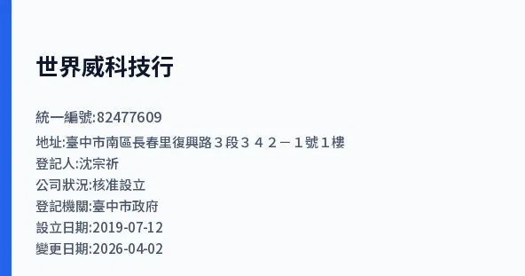 世界威科技行的照片-統編 82477609(臺中市) 公司登記資料與營業項目詳細圖表