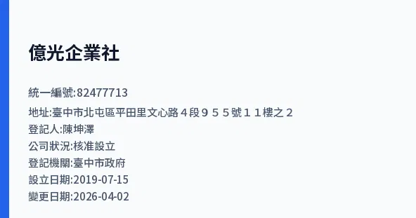 億光企業社的照片-統編 82477713(臺中市) 公司登記資料與營業項目詳細圖表