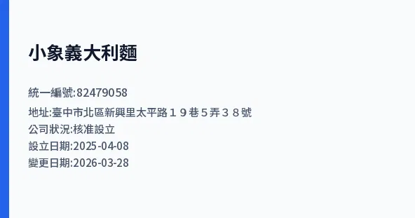小象義大利麵的照片-統編 82479058(臺中市) 公司登記資料與營業項目詳細圖表