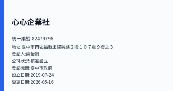 心心企業社的照片-統編 82479796(臺中市) 公司登記資料與營業項目詳細圖表