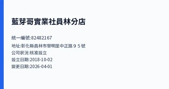 藍芽哥實業社員林分店的照片-統編 82482167(彰化縣) 公司登記資料與營業項目詳細圖表