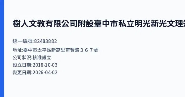 樹人文教有限公司附設臺中市私立明光新光文理短期補習班的照片-統編 82483882(臺中市) 公司登記資料與營業項目詳細圖表