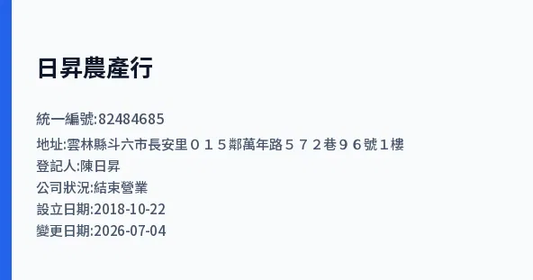 日昇農產行的照片-統編 82484685(雲林縣) 公司登記資料與營業項目詳細圖表