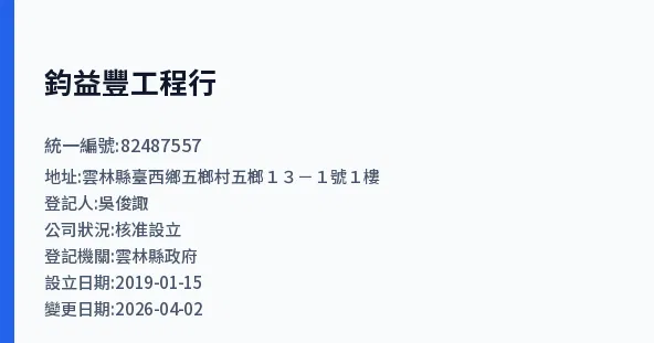 鈞益豐工程行的照片-統編 82487557(雲林縣) 公司登記資料與營業項目詳細圖表