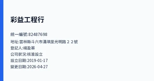 彩益工程行的照片-統編 82487698(雲林縣) 公司登記資料與營業項目詳細圖表