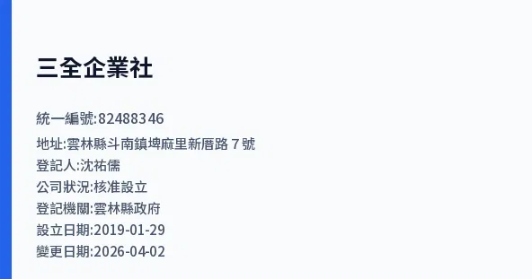 三全企業社的照片-統編 82488346(雲林縣) 公司登記資料與營業項目詳細圖表