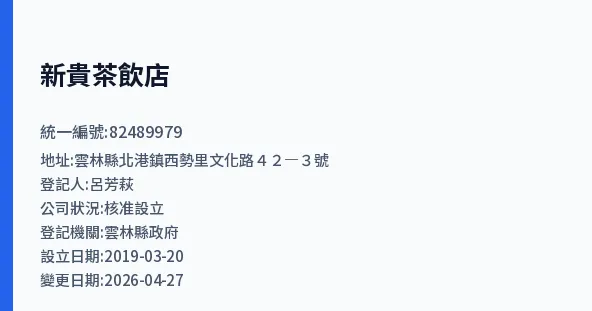 新貴茶飲店的照片-統編 82489979(雲林縣) 公司登記資料與營業項目詳細圖表