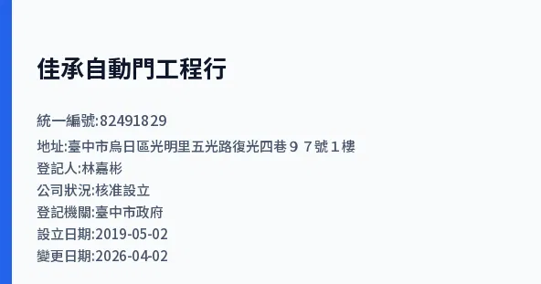 佳承自動門工程行的照片-統編 82491829(臺中市) 公司登記資料與營業項目詳細圖表