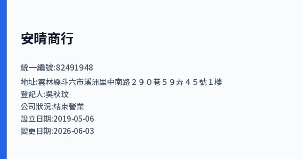 安晴商行的照片-統編 82491948(雲林縣) 公司登記資料與營業項目詳細圖表