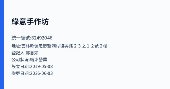 綠意手作坊的照片-統編 82492046(雲林縣) 公司登記資料與營業項目詳細圖表